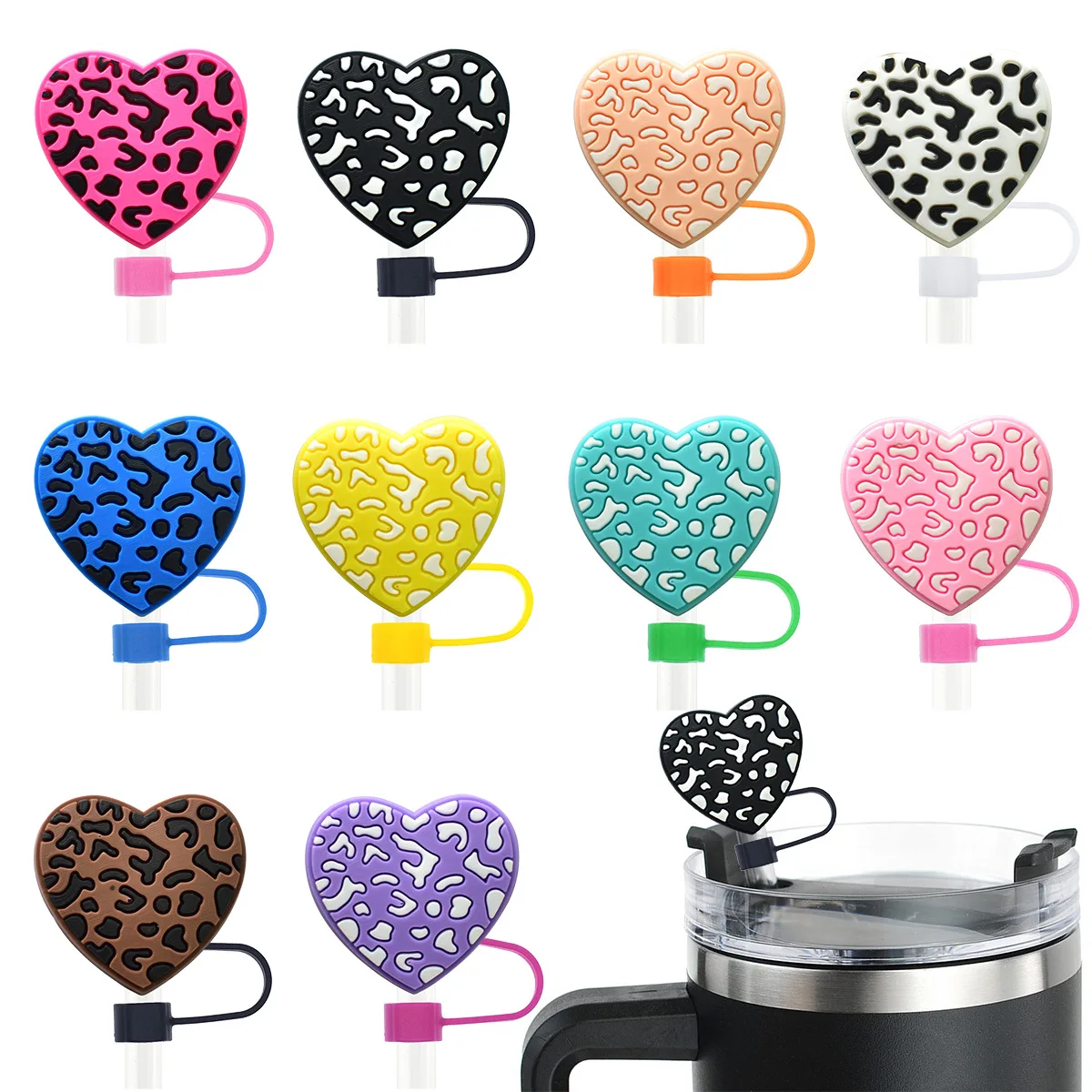 5PC Leopard Print Heart Silicone Straw Cover Cap for Stanley 40oz ...