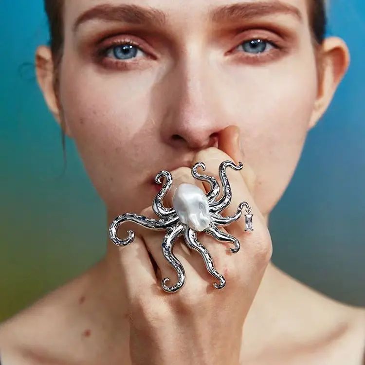 Anillo de pulpo de Perla Barroca de imitación grande para mujer, joyería creativa única y ...
