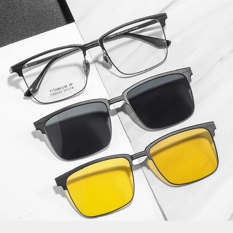 COHK 남녀공용 편광 선글라스, 빈티지 티타늄 자석 선글라스, 클립 온 광학 처방 안경 프레임, 3 in 1 ...
