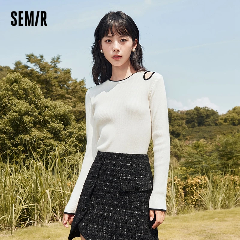 Semir Women Sweater Slim Hollow Out Small Sexy 2022 Winter New Contrast Color Simple Round Neck ...