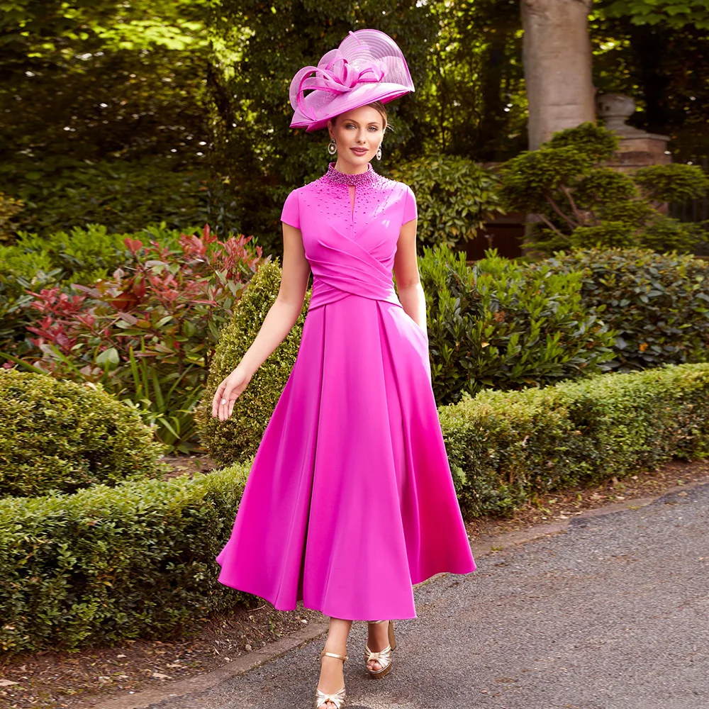 Elegant-Hot-Pink-Mother-of-the-Bride-Dresses-High-Neck-Short-Sleeve ...