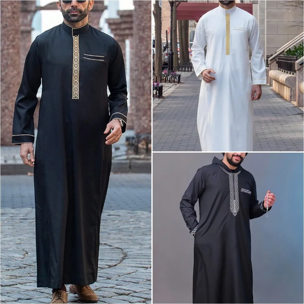 Muslim Men Robe Embroidered Loose Luxury Long Skirt Ramadan Prayer ...
