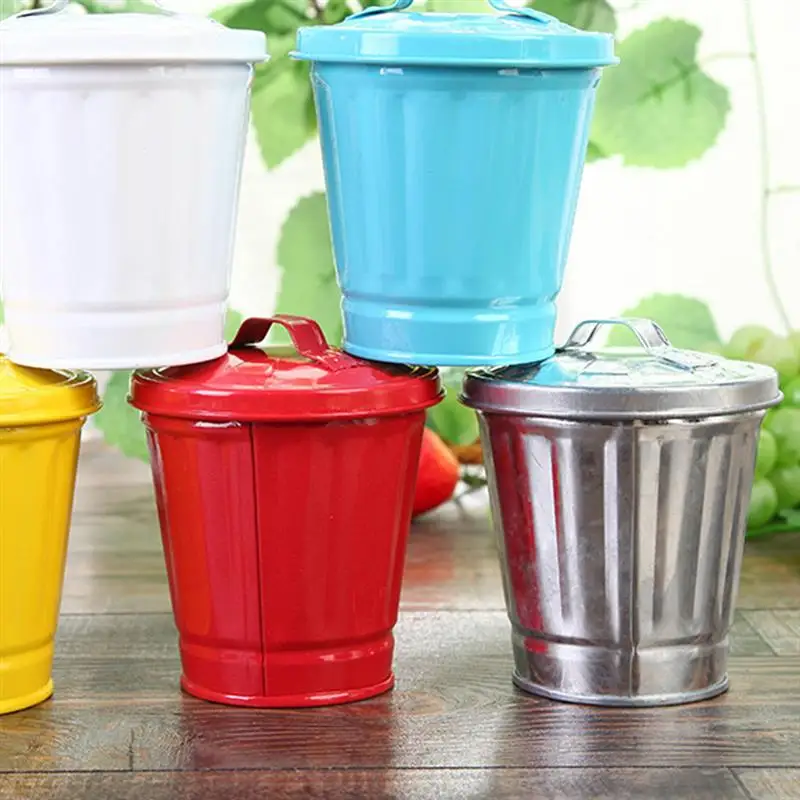 Can Trash Garbage Mini Bin Waste Container Desktop Metal Small Lid With ...