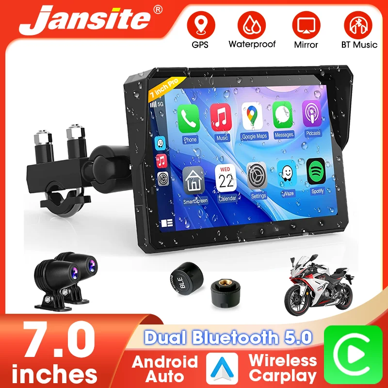 Jansite 5/7" Wireless CarPlay Motorcycles DVR Android Auto GPS ...