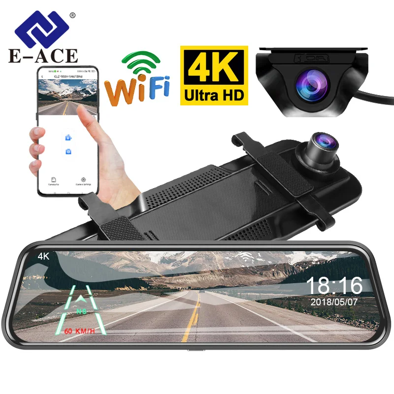 E-ACE 4K Car DVR Mirror Ultra HD 3840*2160P Dashcam Video Recorder ...