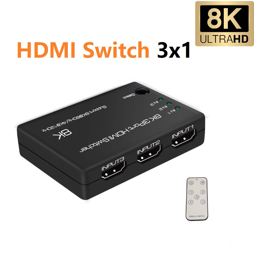 8K HDMI Switch Remote 4K 120Hz 3 In 1 Out HDMI 2.1 Selector Splitter ...