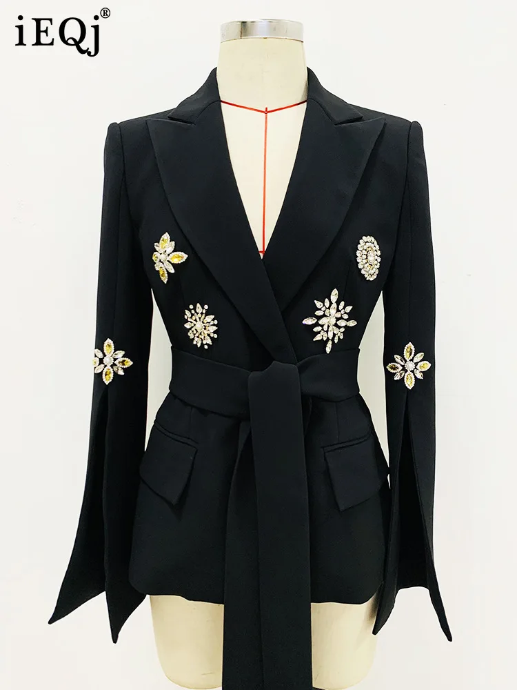 IEQJ-Solid-Beaded-Diamond-Design-Blazer-For-Women-V-Neck-Lace-Up-Long ...