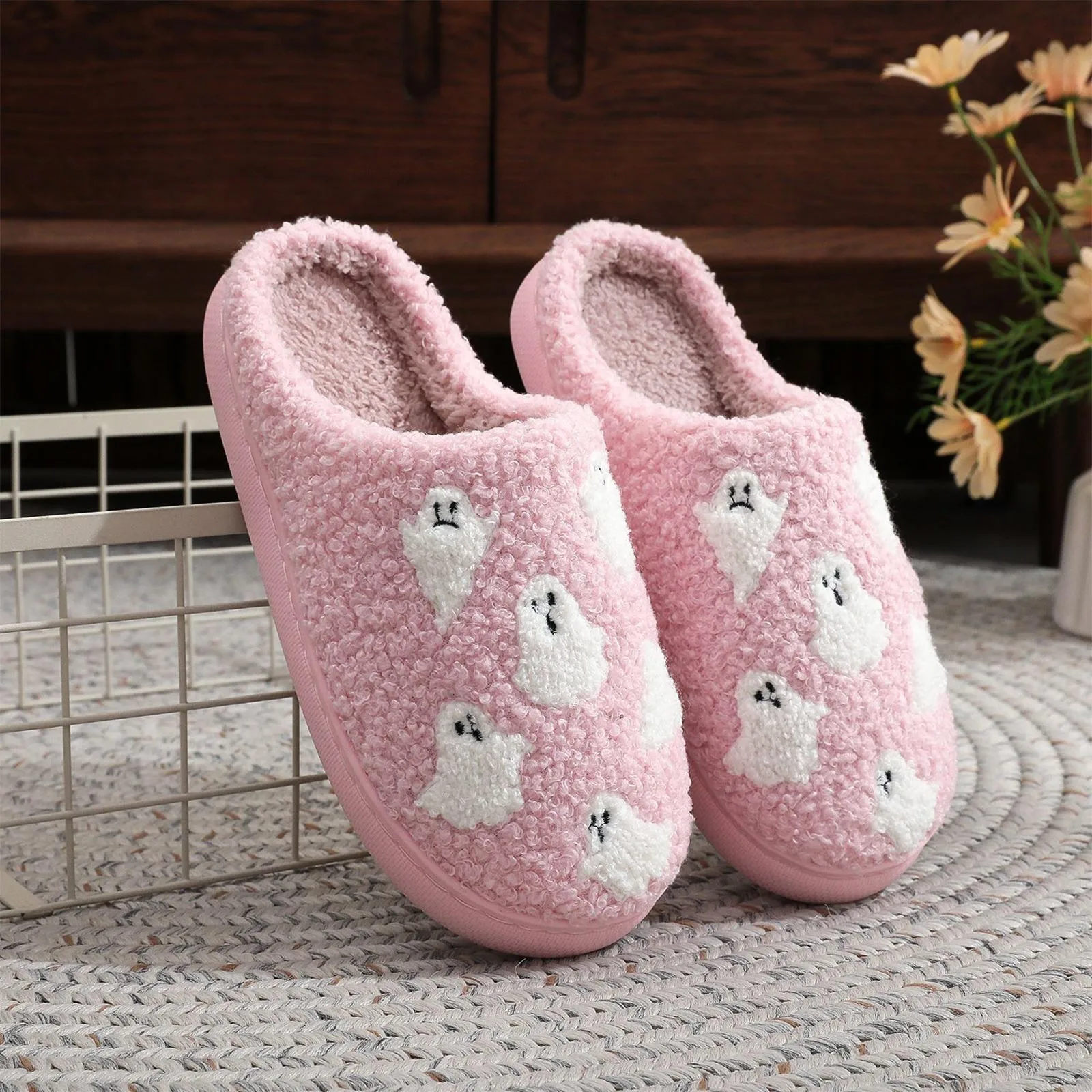 Halloween Slippers For Men Women Plush Slippers 6 Little Ghost Home ...