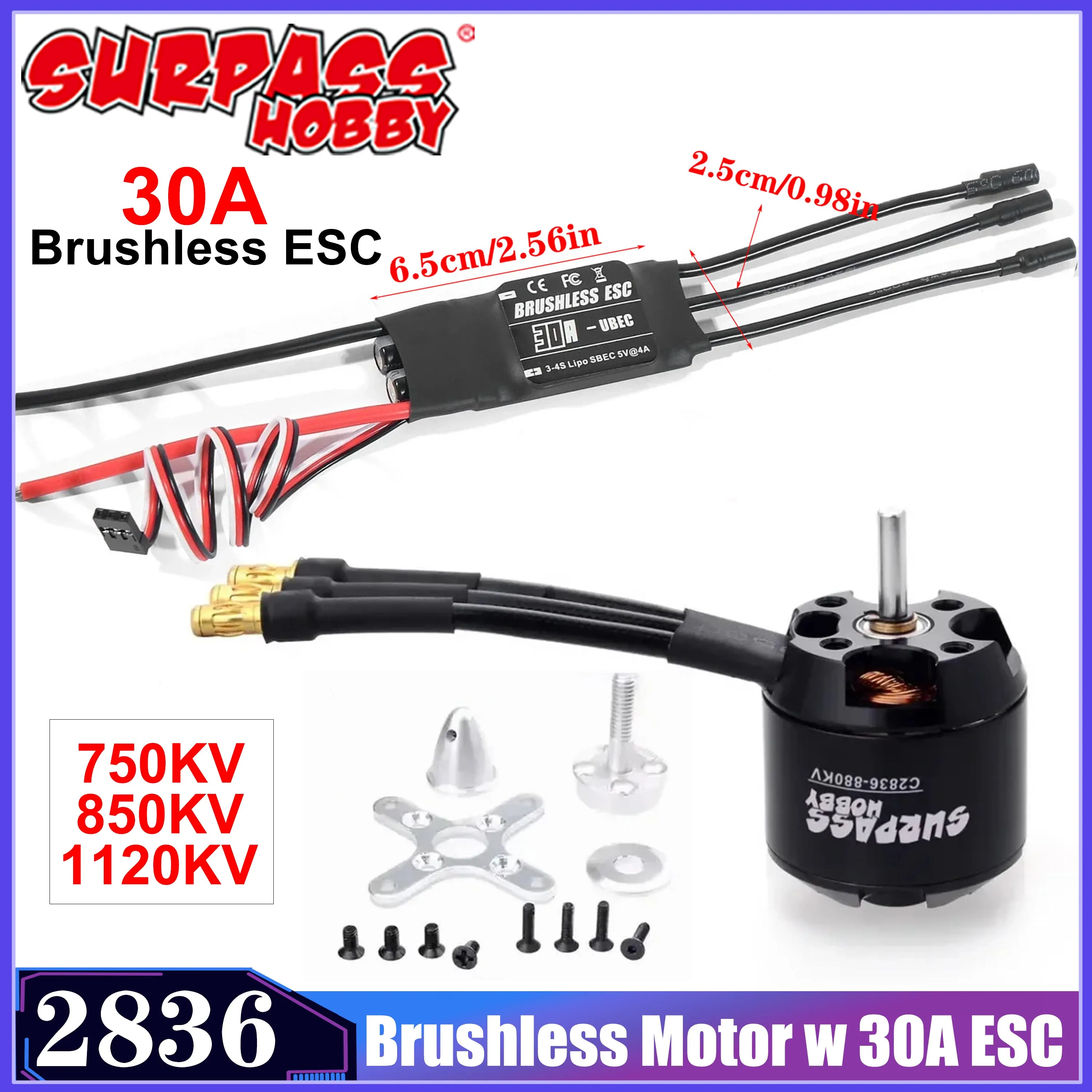 SURPASS HOBBY 2836 750KV 880KV 1120KV Outrunner Brushless Motor with 3 ...