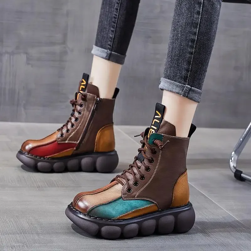 Mixed Color Shoes Women Boot Fashion Round Toe Lace Up Retro Handmade ...