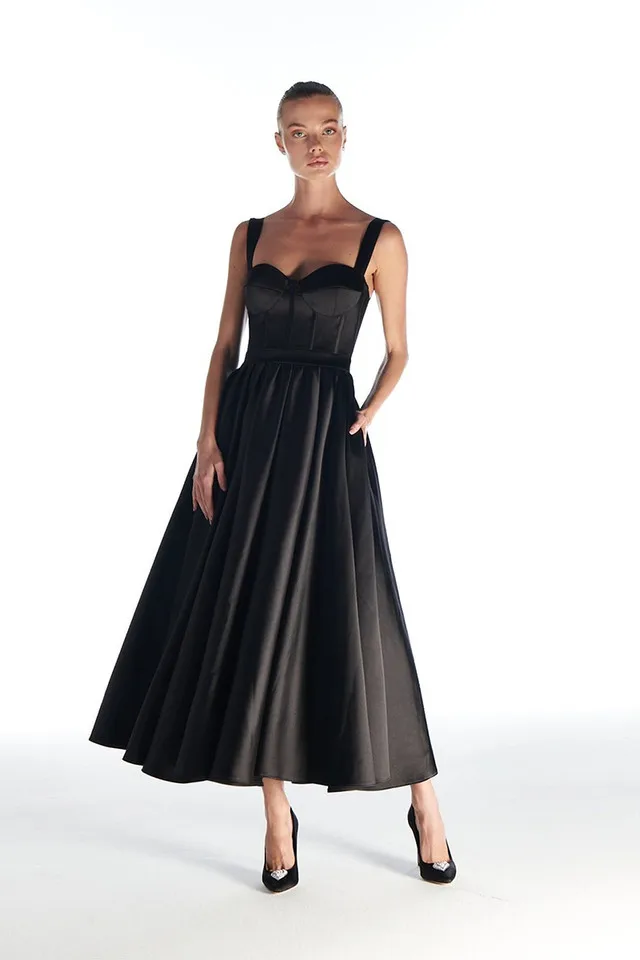 Elegant-Short-Black-Satin-Evening-Dresses-With-Pockets-A-Llne ...
