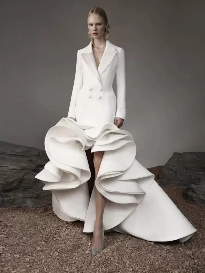 White-Stain-Suit-Wedding-Dresses-Women-V-Neck-Long-Sleeves-Evening ...