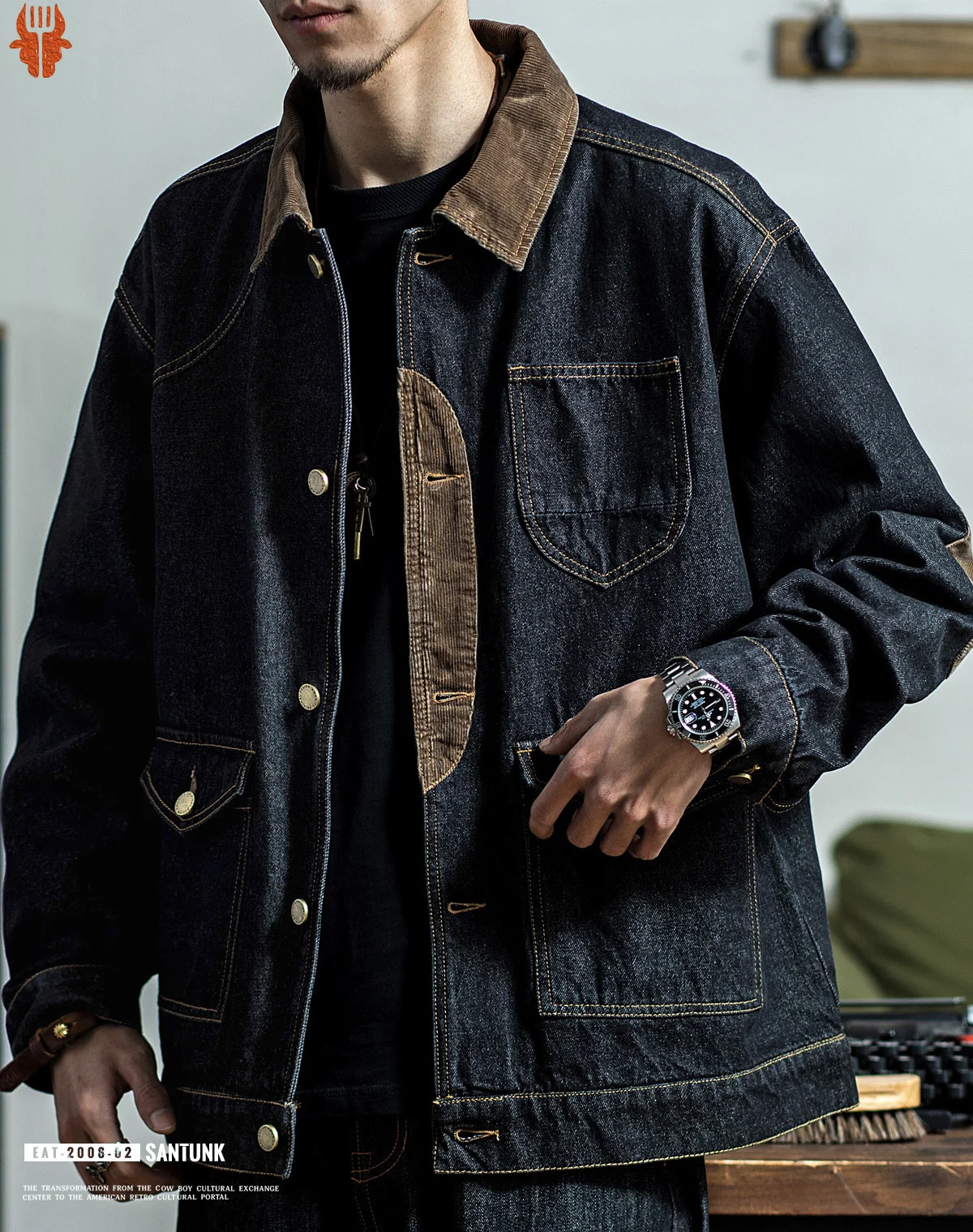 Men-Fashion-Black-Denim-Jacket-Tough-American-Retro-Hunting-Jacket ...