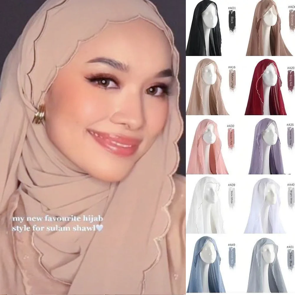 Chiffon-Hijabs-With-Embroidery-Lace-Plain-Muslim-Headband-Headscarf ...