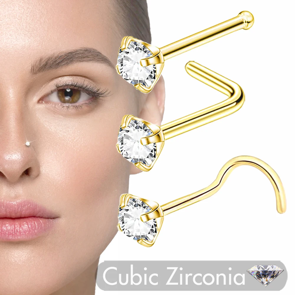 5Pcs Stainless Steel Nose Rings Stud Nostril Piercing Ring Crystal Gem ...