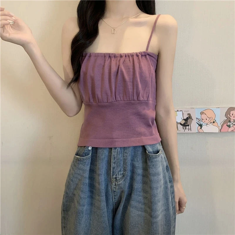 Yasuk 봄 여름 캐주얼 소프트 솔리드 패션 여성용, 슬림하고 심플한 주름 조끼 하의 상의| | - AliExpress