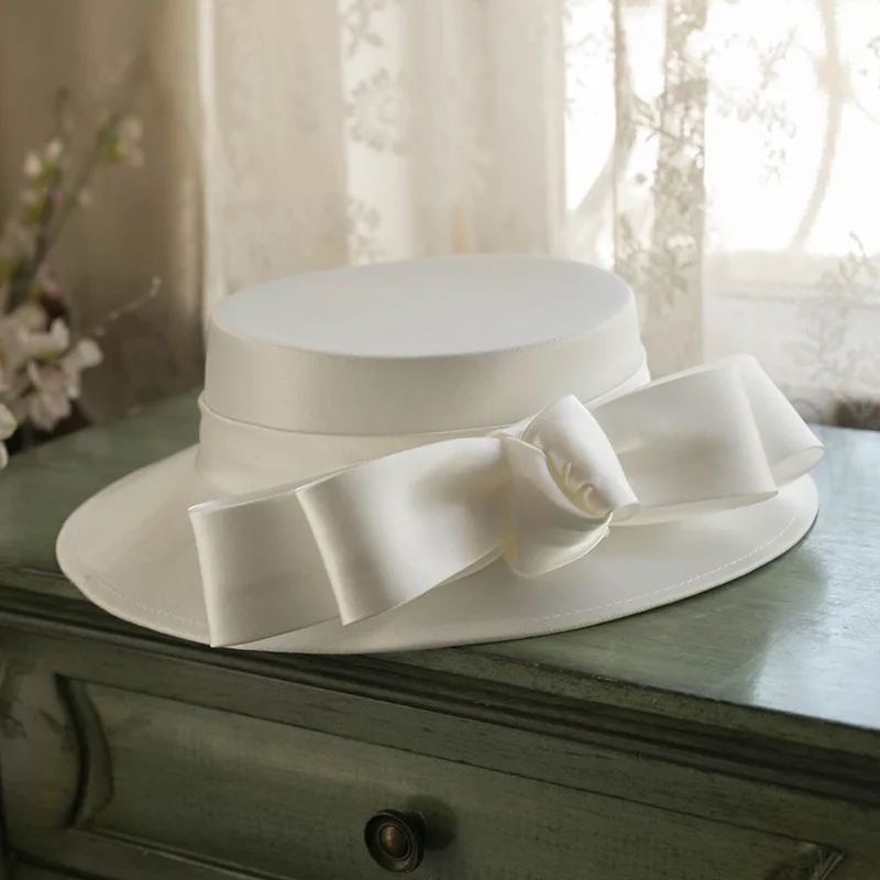 Retro-Elegant-Bride-England-Mesh-Bow-Flat-Top-Bow-Hat-Prom-Satin-White ...