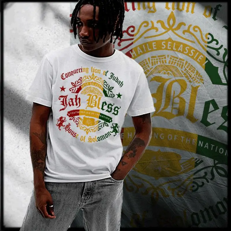 Reggae t-shirt Jah Rastafari Haile Selassie I Blessings Jamaican Rasta ...