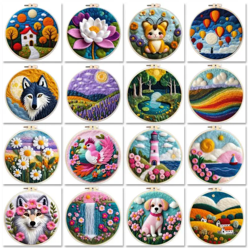 Animal Pattern Diy Wool Felting Painting With Embroidery Frame Creative ...