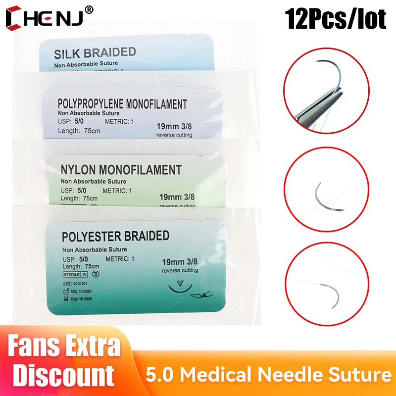 12Pcs/set 5.0 Dental Surgical Needle Silk Medical Thread Suture ...