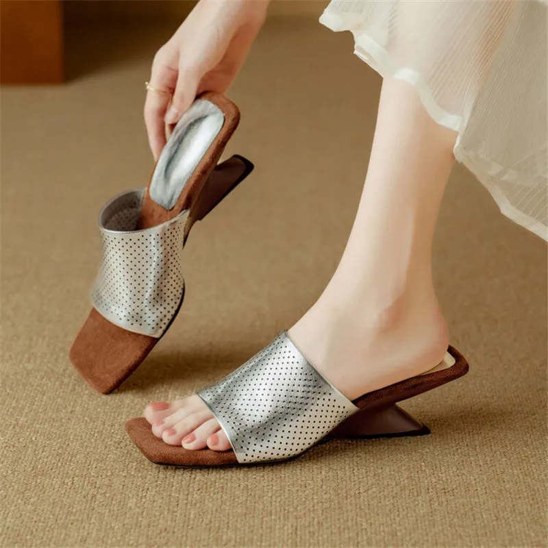 New Split Leather Summer Sandals Square Toe Slippers for Women Fashion ...