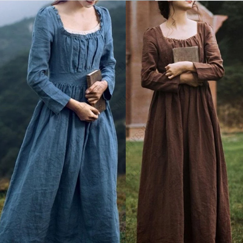Women Medieval Victorian Retro Dress Square Collar Long Sleeves High ...