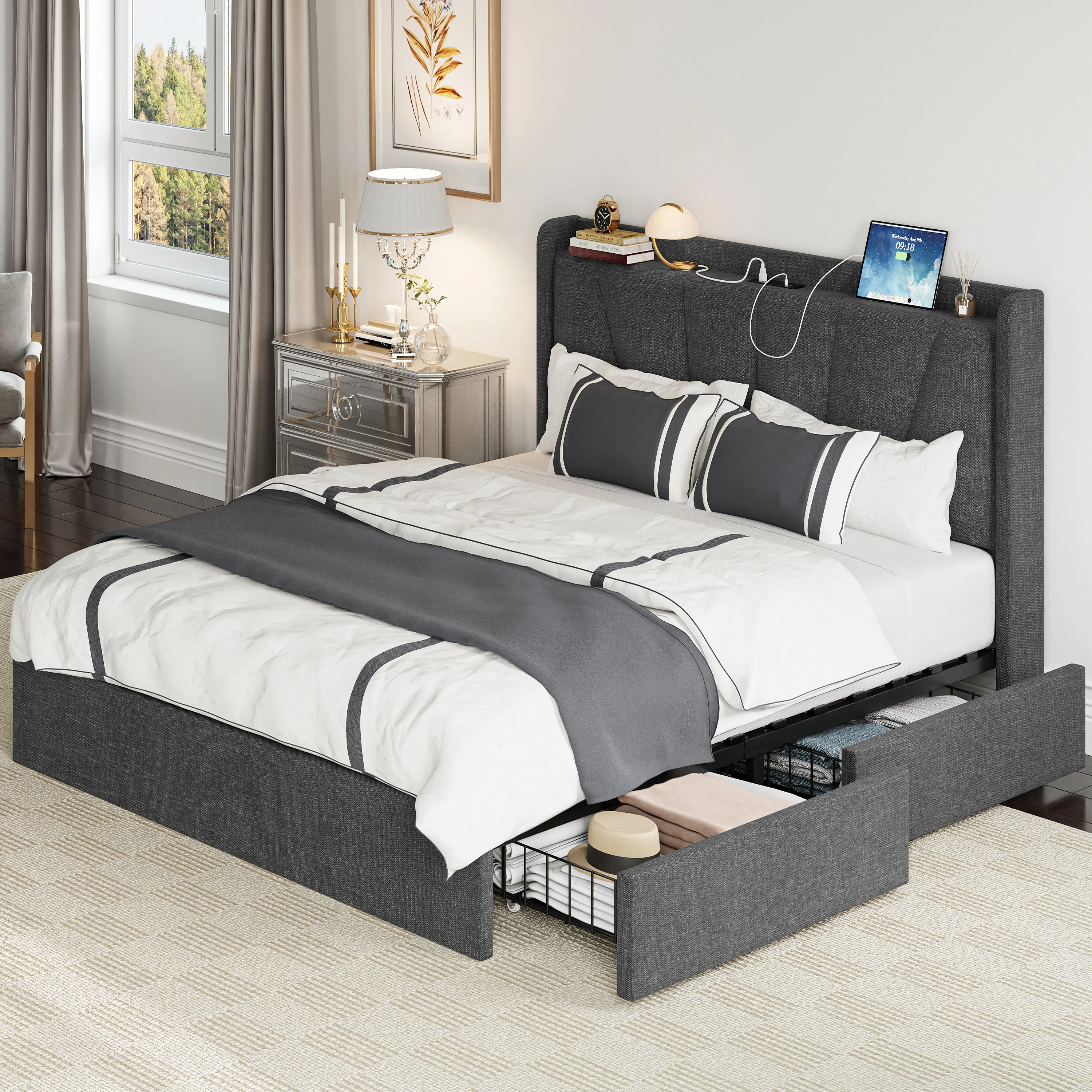 LIKIMIO-Queen-Bed-Frame-with-Upholstered-Headboard-Platform-Bed-with ...