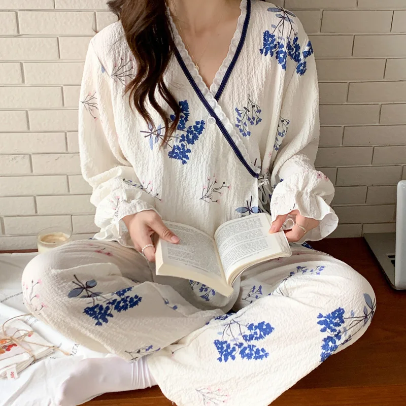 Women-Gauze-Kimono-Pajamas-Set-Long-Sleeve-Pant-Soft-Home-Clothes ...