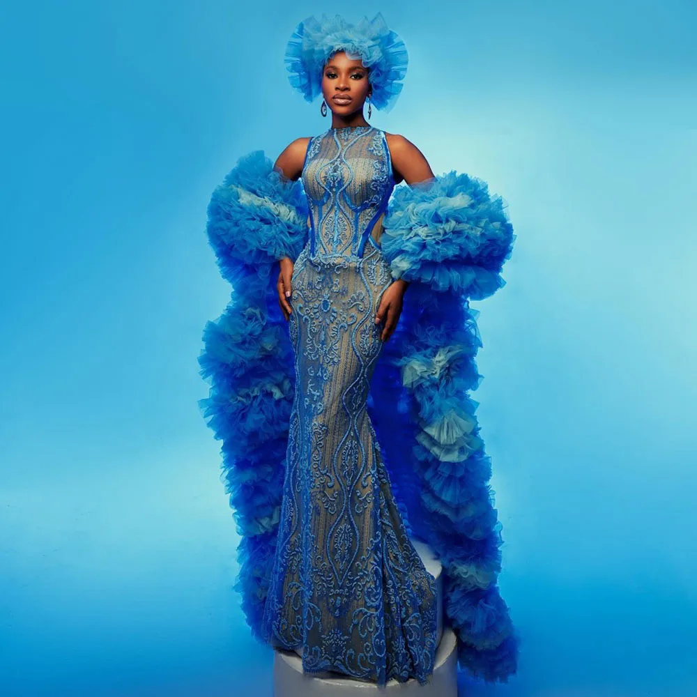 Blue And White Ruffled Jacket With Intricate Lace Design And Flowing ...