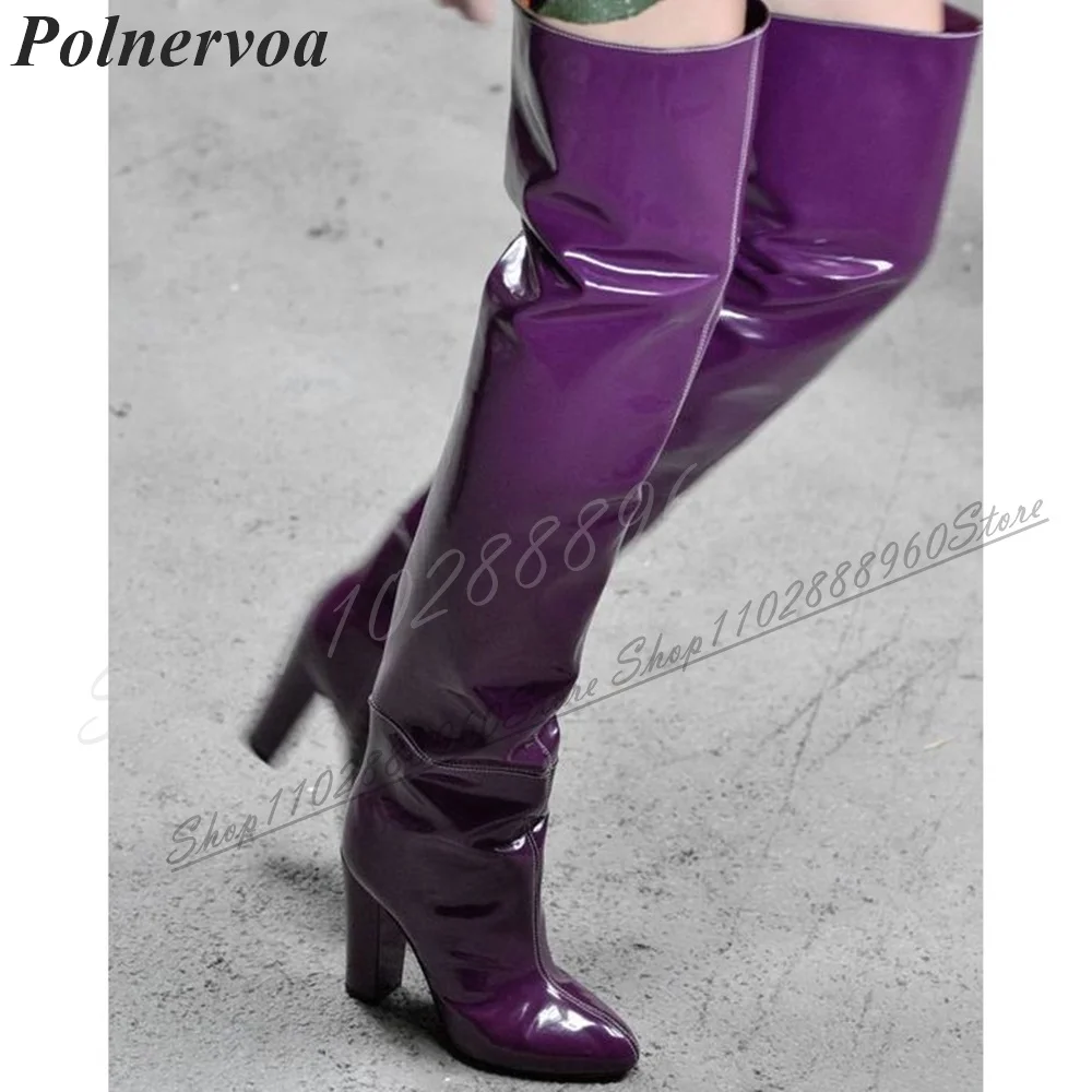 Botas-por-encima-de-la-rodilla-de-cuero-de-pasarela-moradas-Zapatos-de ...