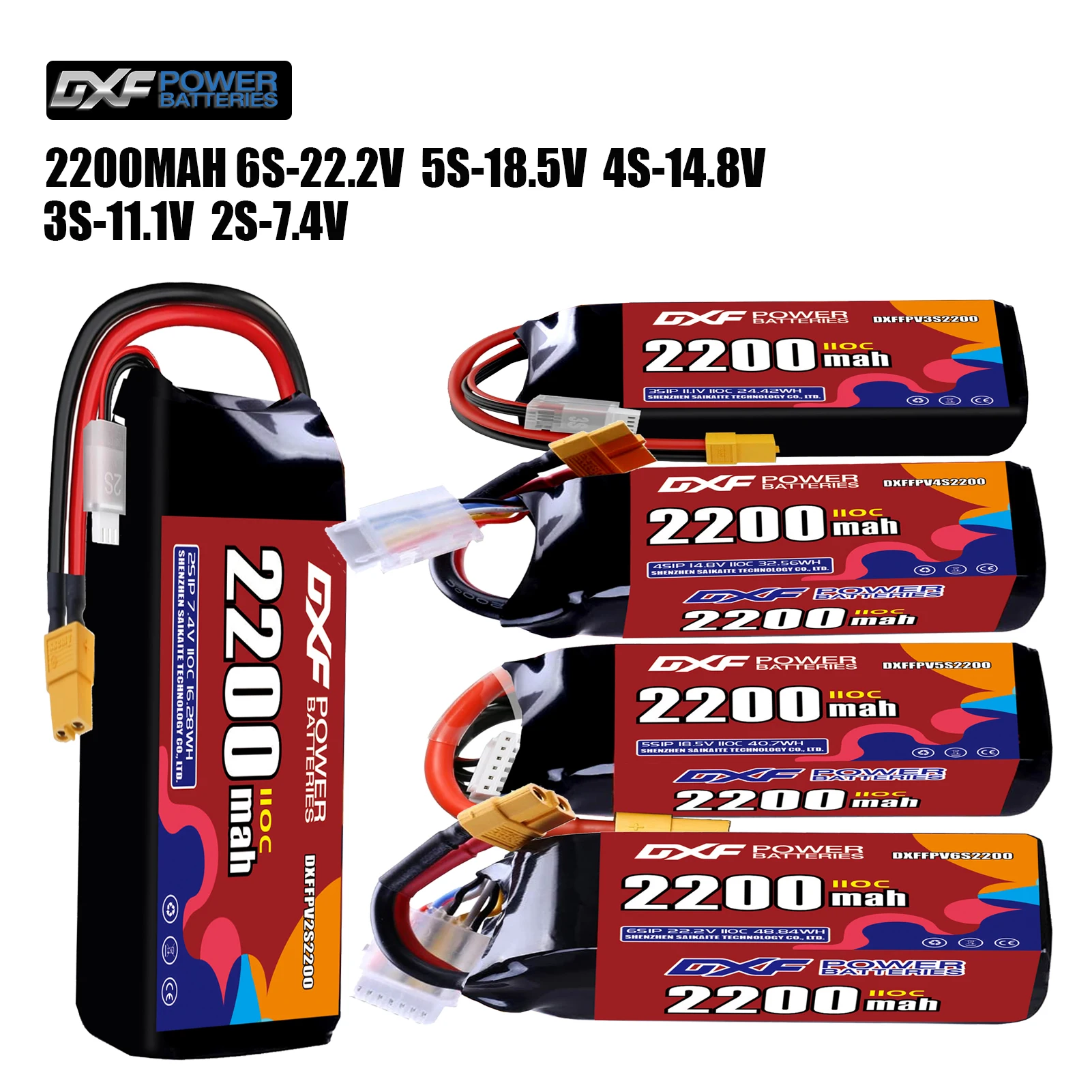 DXF Lipo Battery 2200mAh 110C 22.2V-6S 18.5V-5S 14.8V-4S 11.1V-3S 7.4V ...