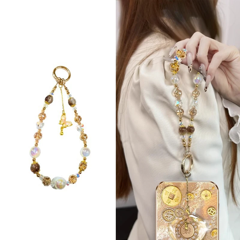 Light Luxury Crystal Phone Chain Gold Foil Handmade Bead Short Wrist ...