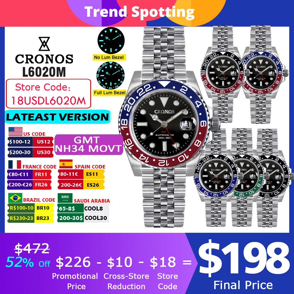 Cronos-GMT-NH34-Automatic-Men-Watch-Bidirectional-Bezel-Sapphire-20-ATM ...
