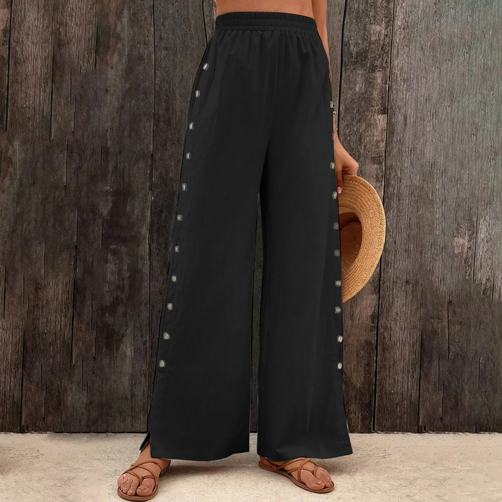 Side-Buttons-Vent-Pants-Solid-Color-Elastic-Waist-Sagging-Sensation ...