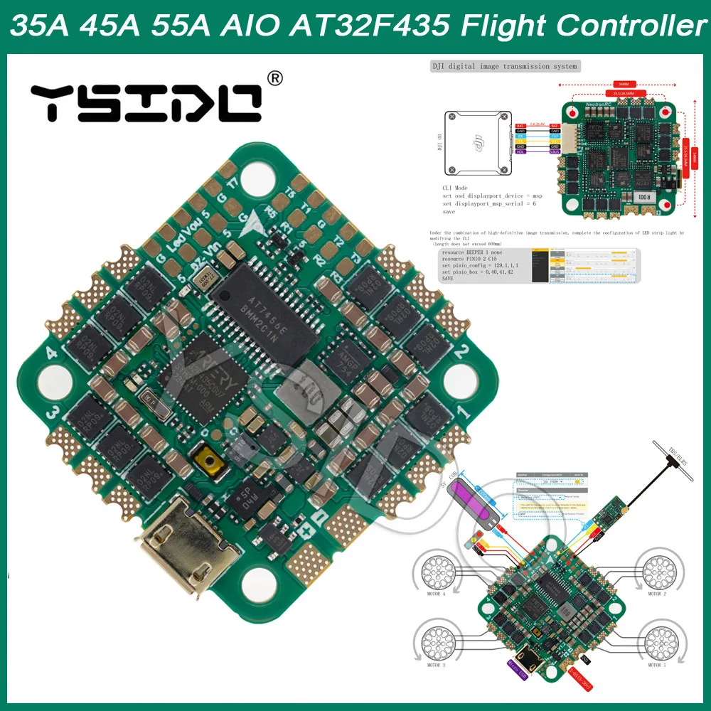YSIDO AT32F435 mini AIO 32Bit AM32 35A 45A 55A ESC Board Flight Controller 25.5*25.5mm Mounting ...