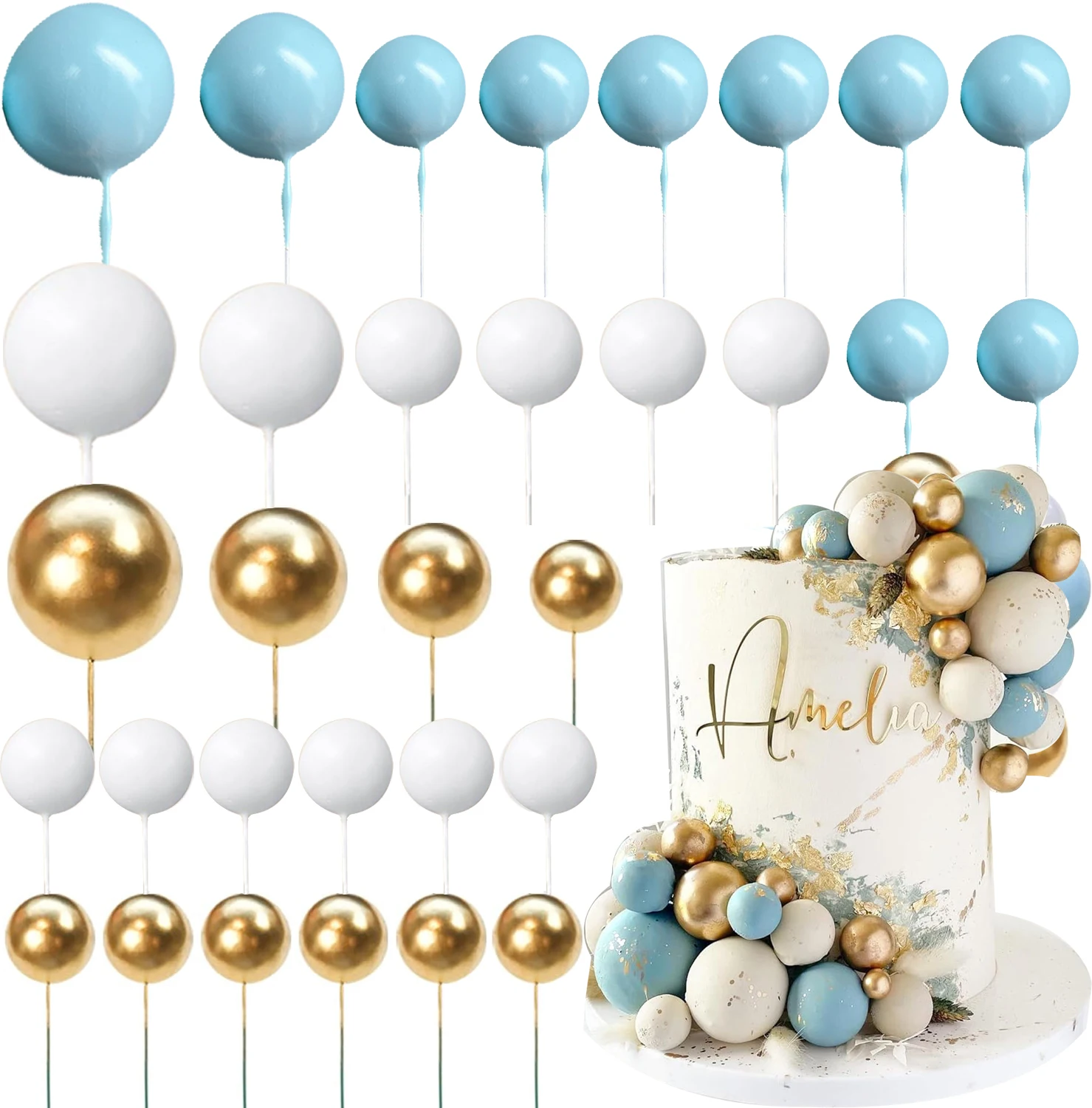 30Pcs-Blue-White-Gold-Balls-Cake-Toppers-Bear-Theme-Birthday-Cake ...