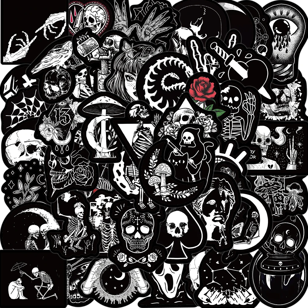 10/25/50pcs Black and White Gothic Skull Stickers Decals Cartoon ...