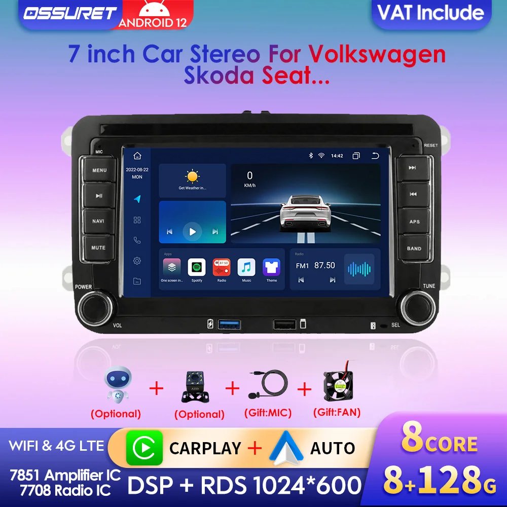 2 Din Android 12 Rádio Do Carro GPS Reprodutor Multimídia para VW Volkswagen Skoda Octavia Golf ...