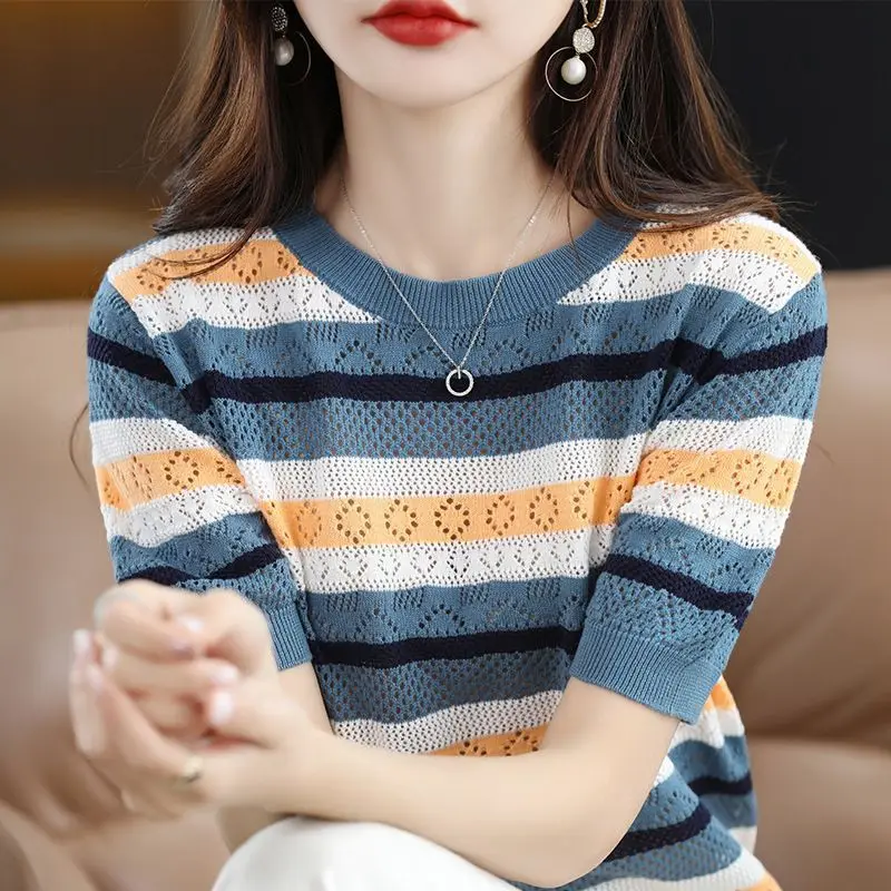 2024 Summer New Thin Fashion Crew Neck Striped Short Sleeve Commuter ...
