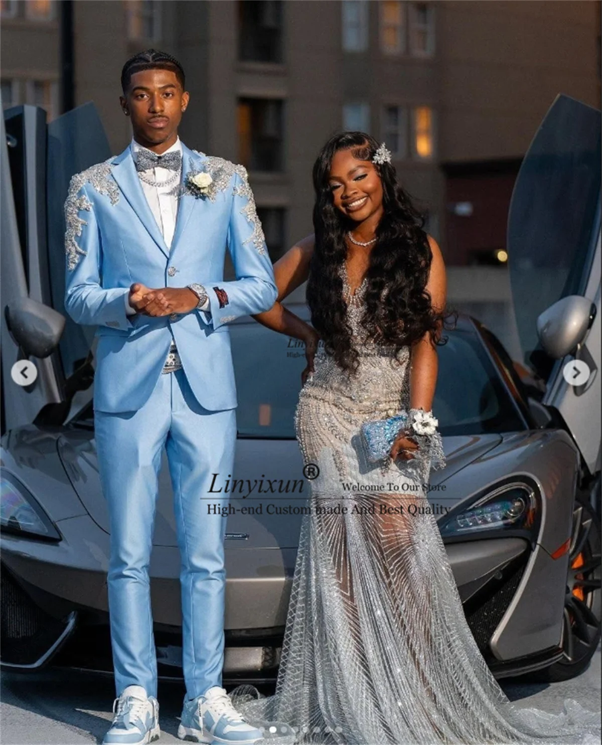 Luxury Appliques Rhinestone Men Suit 2 Pieces Sets Groom Tuxedo Notched ...
