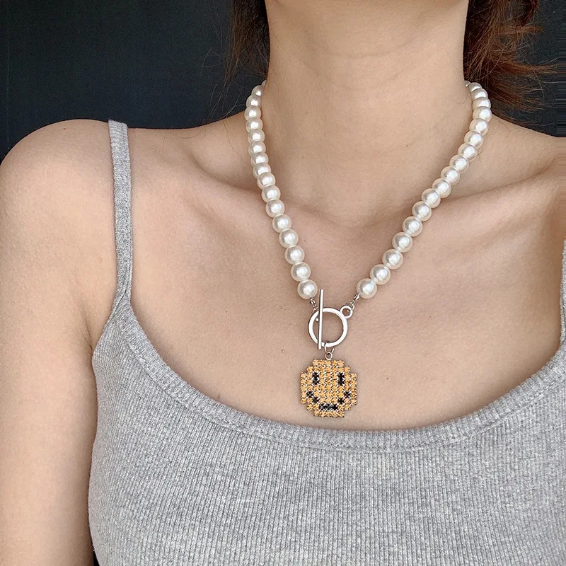 Crystal Rhinestone Smile Face Charms Imitation Pearl Beaded Chain ...