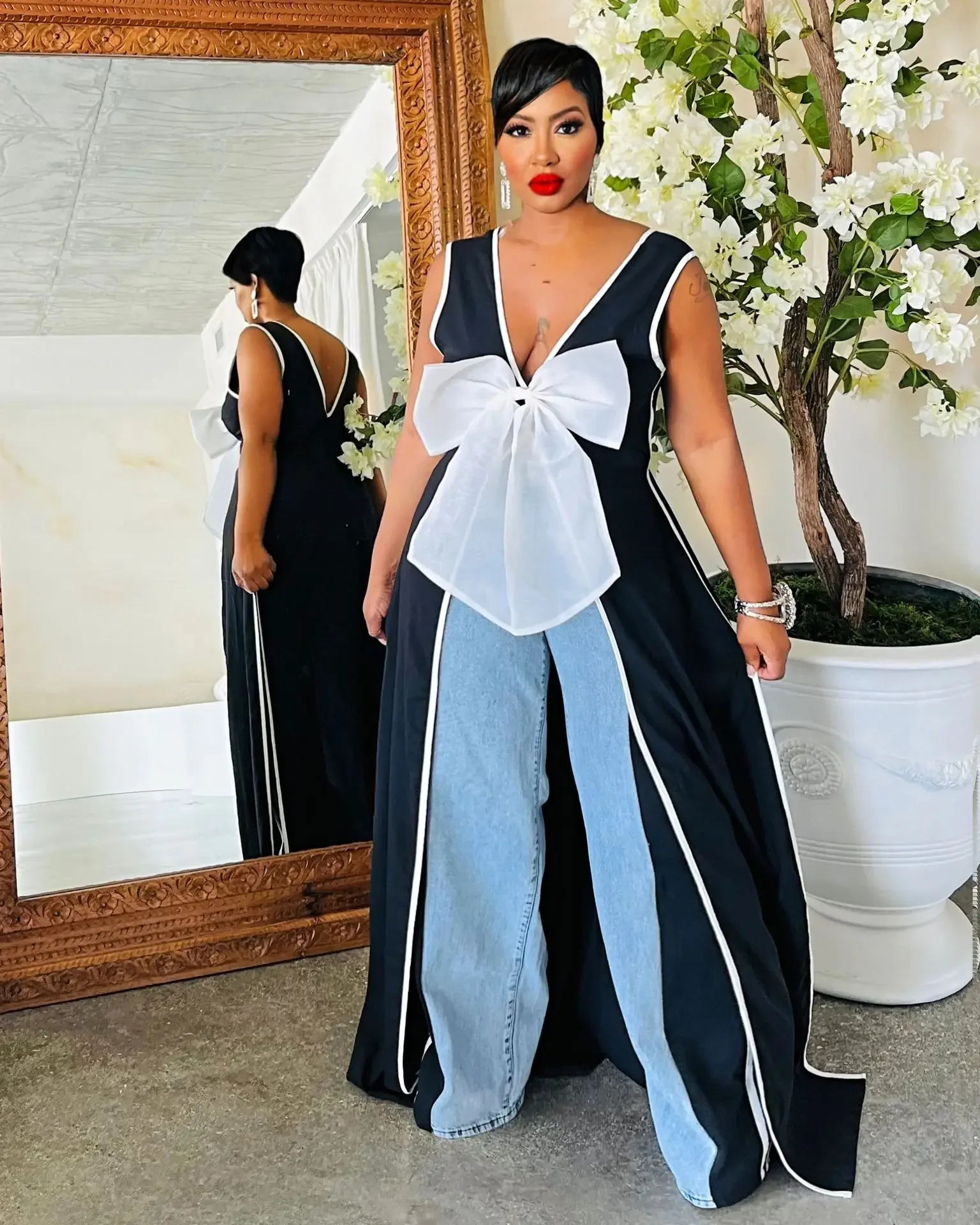 Summer Holiday Sleeveless Big Bow V Neck Long Maxi Dress High Split