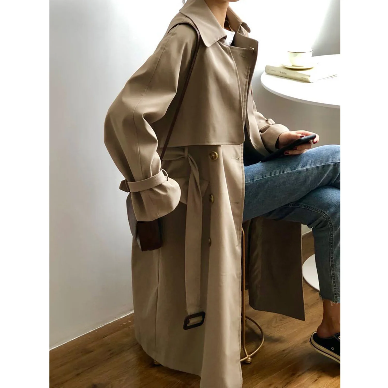 Gabardina larga de doble botonadura para mujer, abrigo elegante por ...