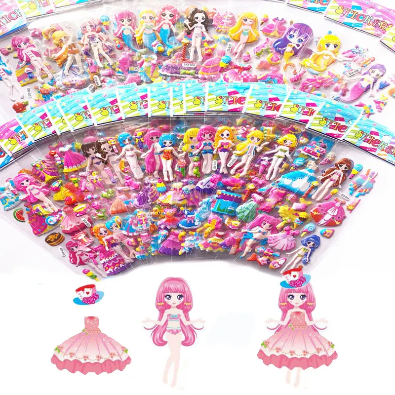 6/12Sheets 3D Bubble Dress Up Girls Stickers Cartoon Princess Change ...