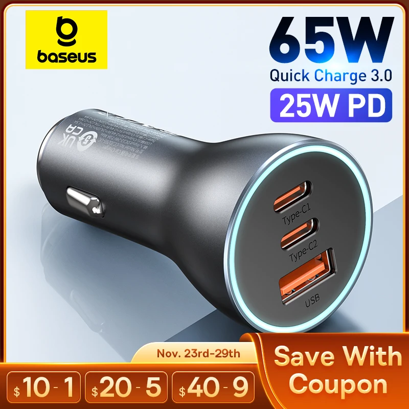 Baseus-Car-Charger-65W-Fast-Charging-Triple-Port-USB-Type-C-Phone ...