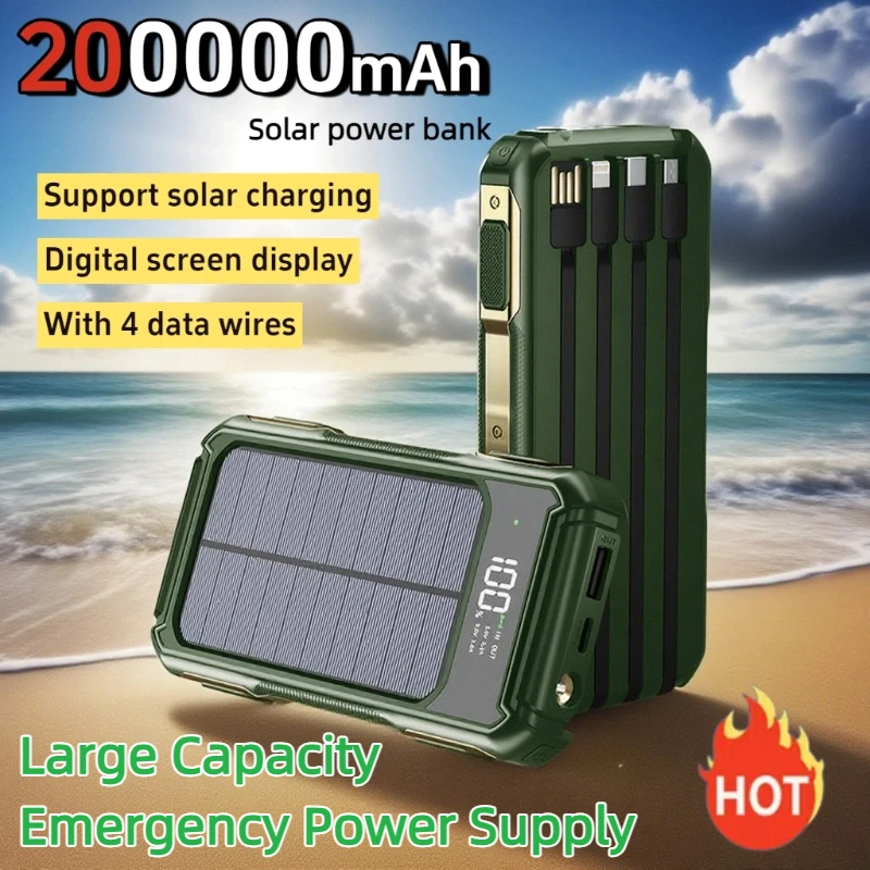 200000mAh 4 in 1 Built in Cables Solar Emergency Power Bank Large ...