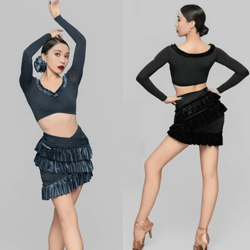 Women Performance Latin Dance Clothing Female Latin Top Ruffled Skirt ...