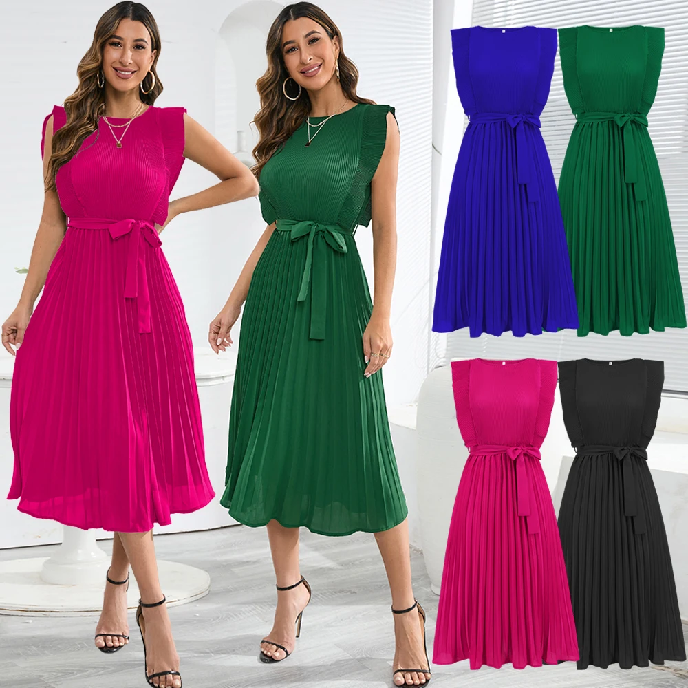 Solid Color Pleated Fashion Elegant Round Neck Ruffle Loose Midi Dress