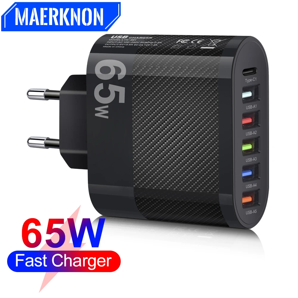 65W-USB-6-Ports-Fast-Charging-Mobile-Phone-Adapter-Type-C-Charger-For ...