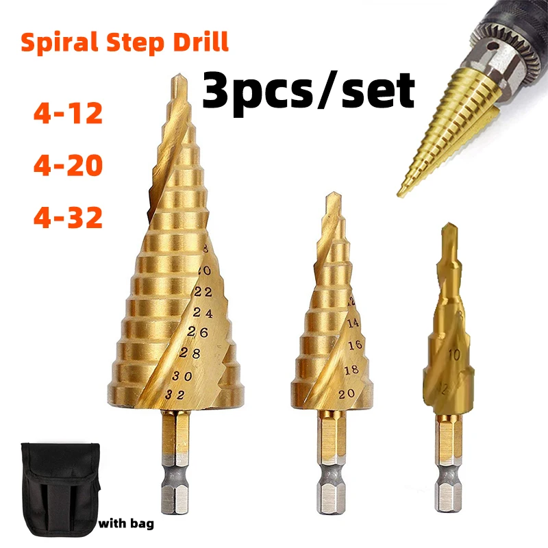 ANR 3pcs a Set Spiral Step Drill 4-12mm/4-20mm/4-32mm Step Drill Bit ...